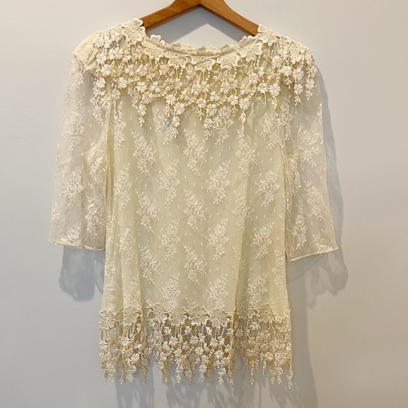 Patra | Tops | Vtg 8s Patra Cream Floral Lace Blouse W Floral Appliqu ...